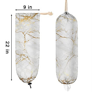 Marble Golden Plastic Bag Holder, Marble Texture Wall Mount Plastic Bag Organizer with Drawstring Grocery Shopping Bags Storage Dispenser for Home Kitchen Farmhouse Decor, 22X9 Inch