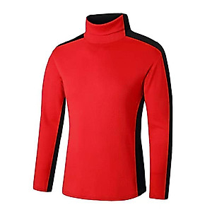 Men Slim Fit Lightweight Long Sleeve Pullover Top Turtleneck T-Shirt(Red & Black,2XL)