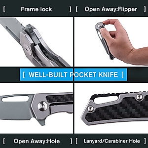 SHIELDON Barraskewda Folding Knife 3.74" Gray Titanium Coating D2 Steel Reverse Tanto Point Blade Stainless Steel and Carbon Fiber Handle Frame Lock Pocket Knife