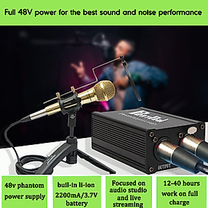 penypeal Rechargeable Phantom Power Supply 48V 1-Channel Up to 40 Hours of Use, Low Noise for Any Condenser Microphones, Recording, Audio Equipment, black (PT2)