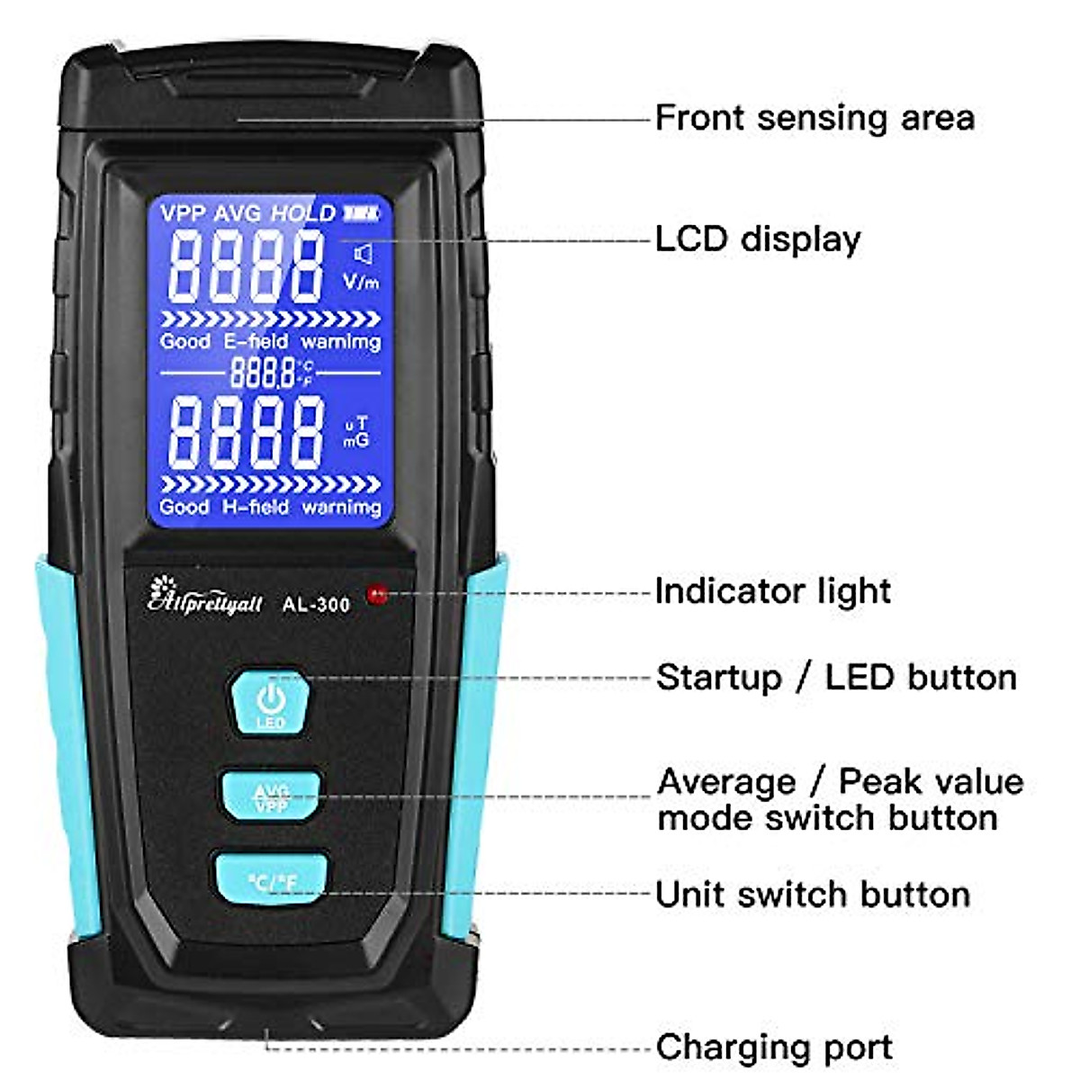 Allprettyall EMF Meter Rechargeable Electromagnetic Radiation Detector for Testing Ghost, Magnetic Field, Electric Field Radiation and Ambient Temperature, Sound-Light Alarm, Max/Average Value Lock