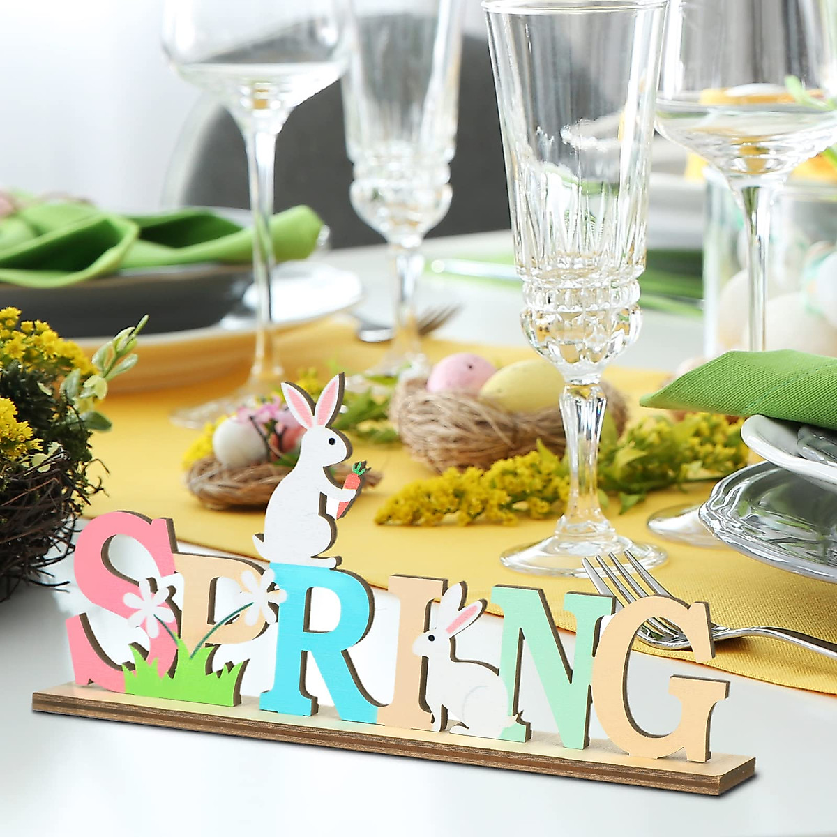 Jetec Easter Decorations Spring Bunny Tabletopper Bunny Rejoice Easter Egg Centerpiece Easter Figurines Tabletopper Ornaments for Spring Easter Indoor Outdoor Garden Yard Lawn Patio Party Decoration