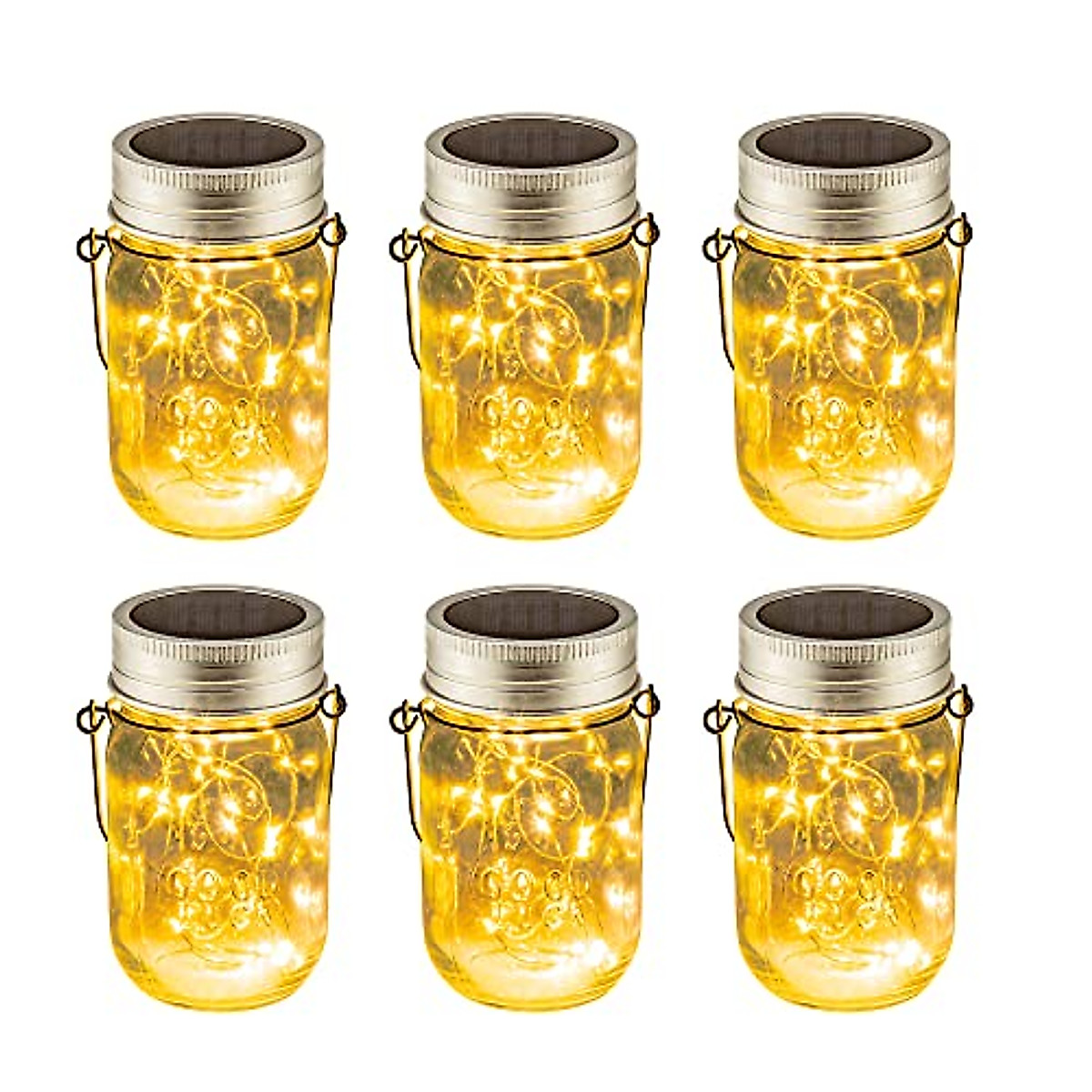 Solpex Solar Mason Jar Lights 30 LEDs, 6 Pack Fairy Hanging Solar Outdoor String Lights with Jars and Hangers, Waterproof Decorative Fairy Solar Lantern Lights for Garden Balcony Patio- Warm White