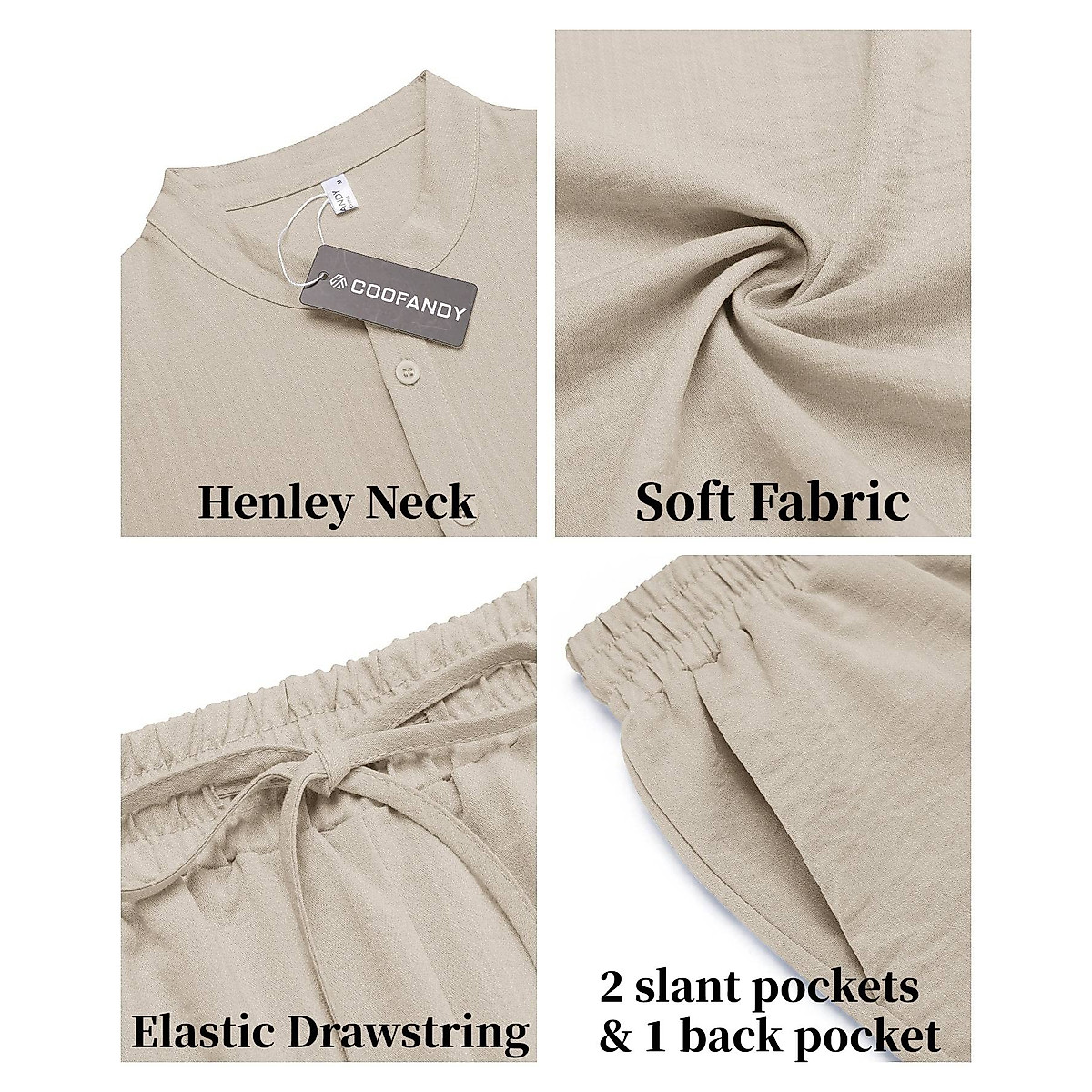 COOFANDY Men's 2 Pieces Linen Set Casual Henley Shirts Short Sleeve Beach Yoga Shorts Summer Pants Outfits