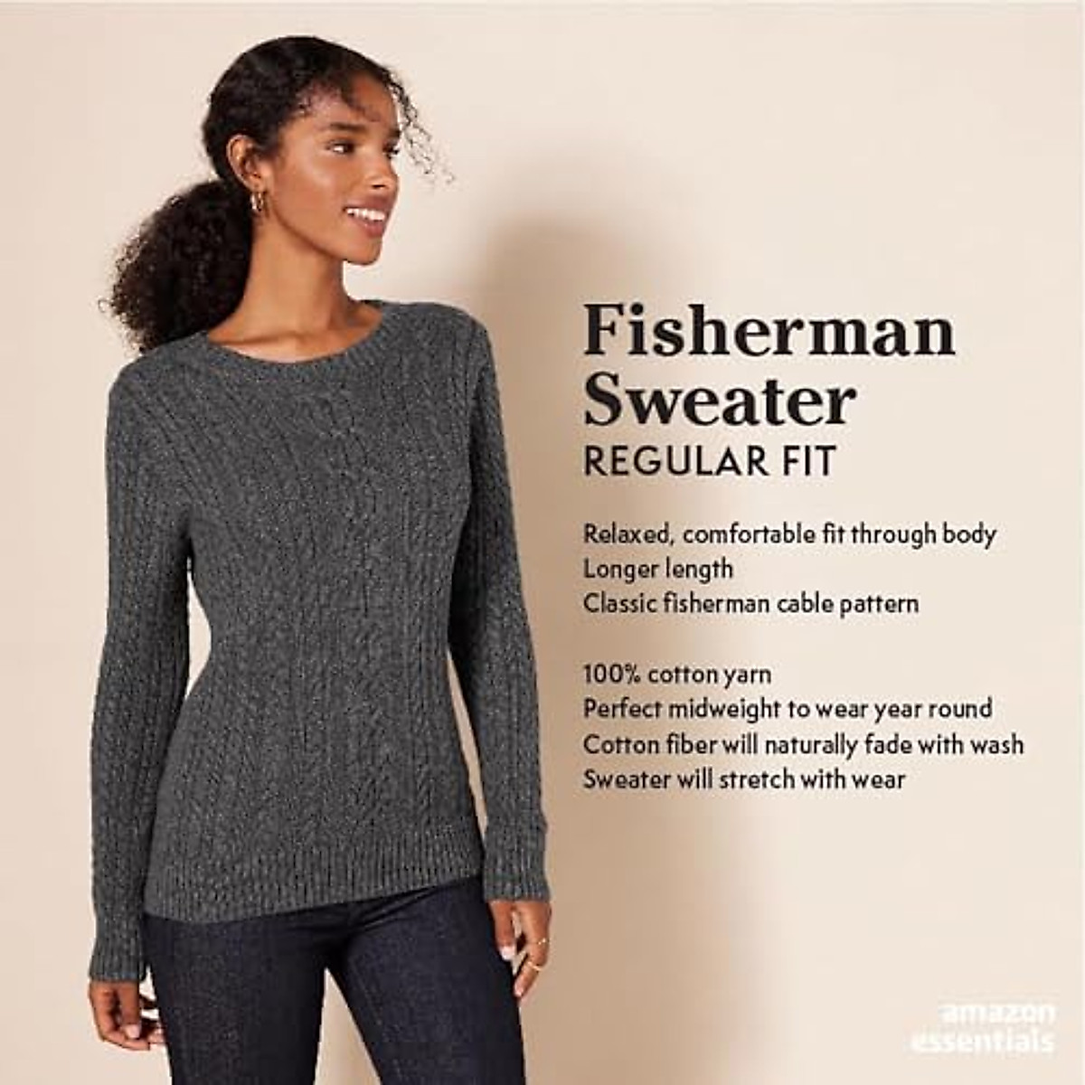 Amazon Essentials Women's Fisherman Cable Long-Sleeve Crewneck Sweater (Available in Plus Size), Coral Pink, Large