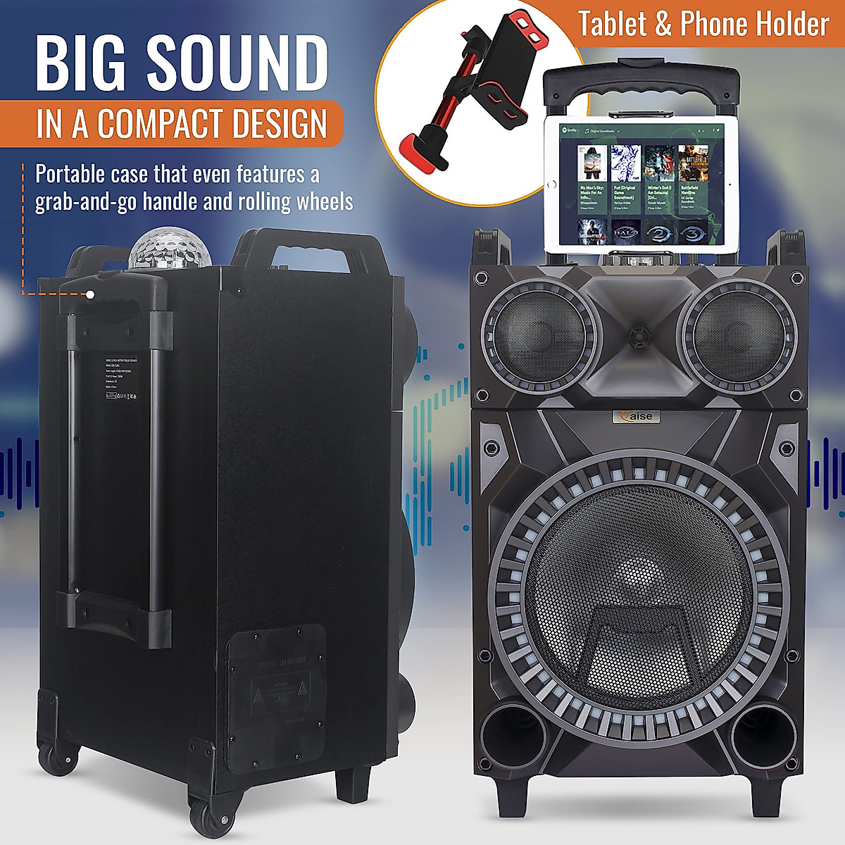 Portable Bluetooth Party Speaker and Karaoke Machine with 2 Wireless Mics, Disco Ball, LED Lights, Handle and Wheels, FM Radio. Loud Party Sound System, Rechargeable Tailgate PA Speaker