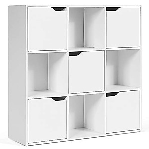 Giantex 9-Cube Storage Organizer, Storage Cabinet with 4 Open Cubes and 5 Cabinets, Free Standing Wooden Cubby Bookcase, Compartment Units for Home Office, 3-Tier Bookshelf for Books, Toys
