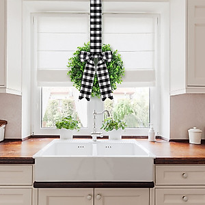 Artificial Eucalyptus Wreath Greenery Hanging Wreath Kitchen Cabinet Wreath with Buffalo Plaid Bow Black and White Check Bow for Christmas Front Door Home Wall Porch Patio Garden Decor