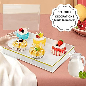 Acrylic Cake Tray with Lid, 15"x9"x4.7" Rectangle Cake Box, Dessert Holder Tray, Marble Cake Stand with Cover,Serving Tray with Lid for Party, Home and Kitchen,Veggie Tray, Fruit Bowl (White)