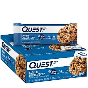 Quest Nutrition Oatmeal Chocolate Chip Protein Bars, 20g Protein, 1g Sugar, 5g Net Carb, Gluten Free, Keto Friendly, 12 Count