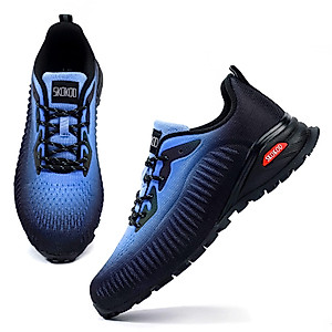 SKOKOD Steel Toe Shoes for Men Slip On Resistant Puncture Proof Safety Shoes Lightweight Breathable Tennis Warehouse Work Shoes（Black Blue 7.5）