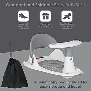 BEBELEH™ Baby Bath Seat [Original] – Baby Bath Portable Chair + Carry Bag + Baby Bath Thermometer – Compact and Foldable – Ultra Strong Suction Cups – Non-Slip Padding Infant Seat. Ideal Gift! (Grey)