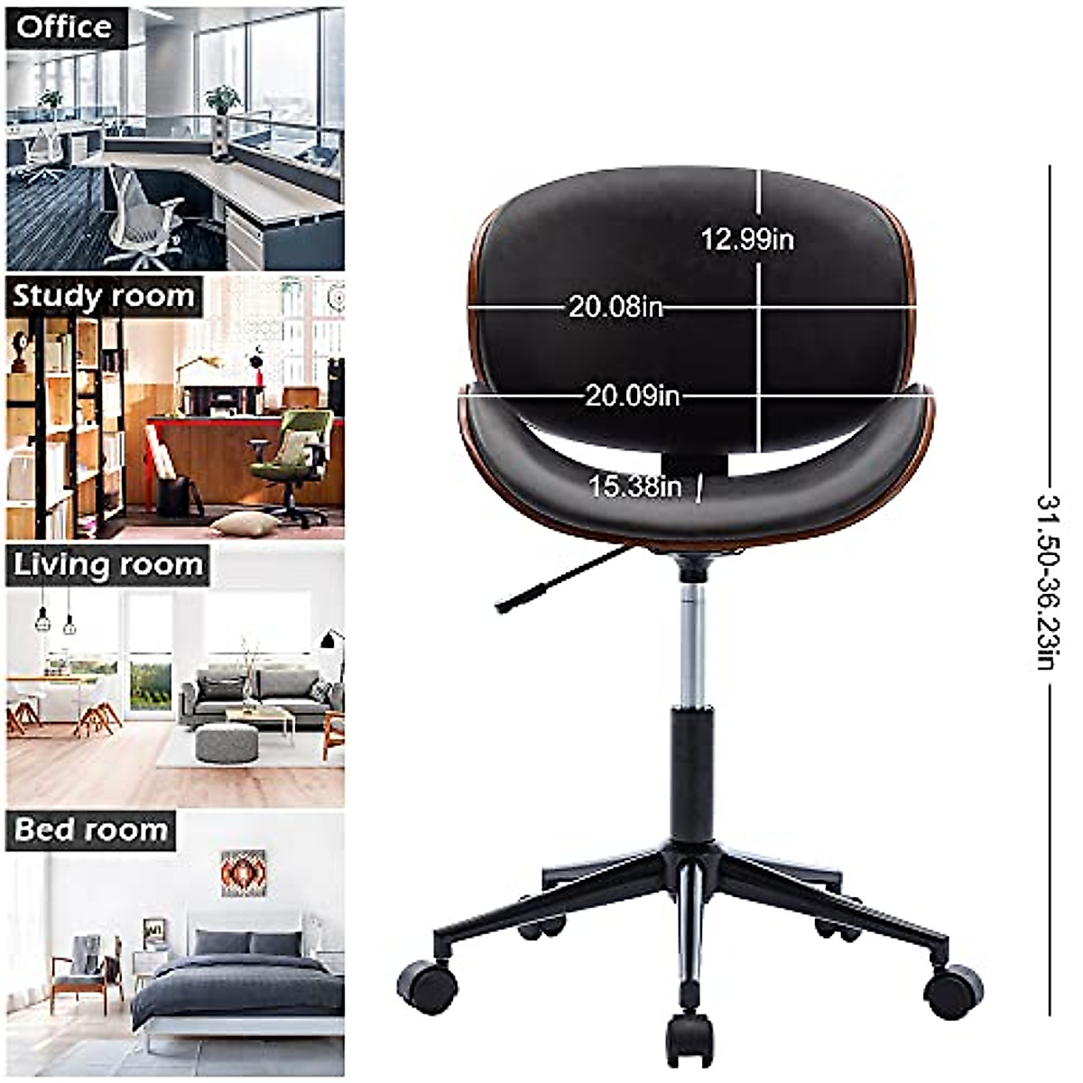 JOYBASE Home Office Desk Chair, Bentwood and Leather Swivel Chair, Adjustable Heigh, Brown