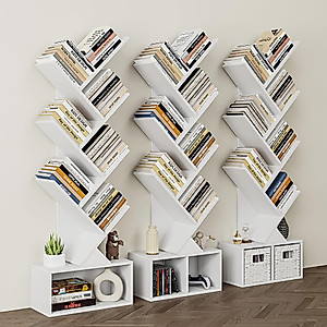 Vagusicc Tree Bookshelf, 6 Tier Bookshelf with Storage, Tall Narrow Bookcase, Wood Book Storage Rack for CDs/Books, Small Book Organizer Shelves for Bedroom, Living Room, Home Office, White