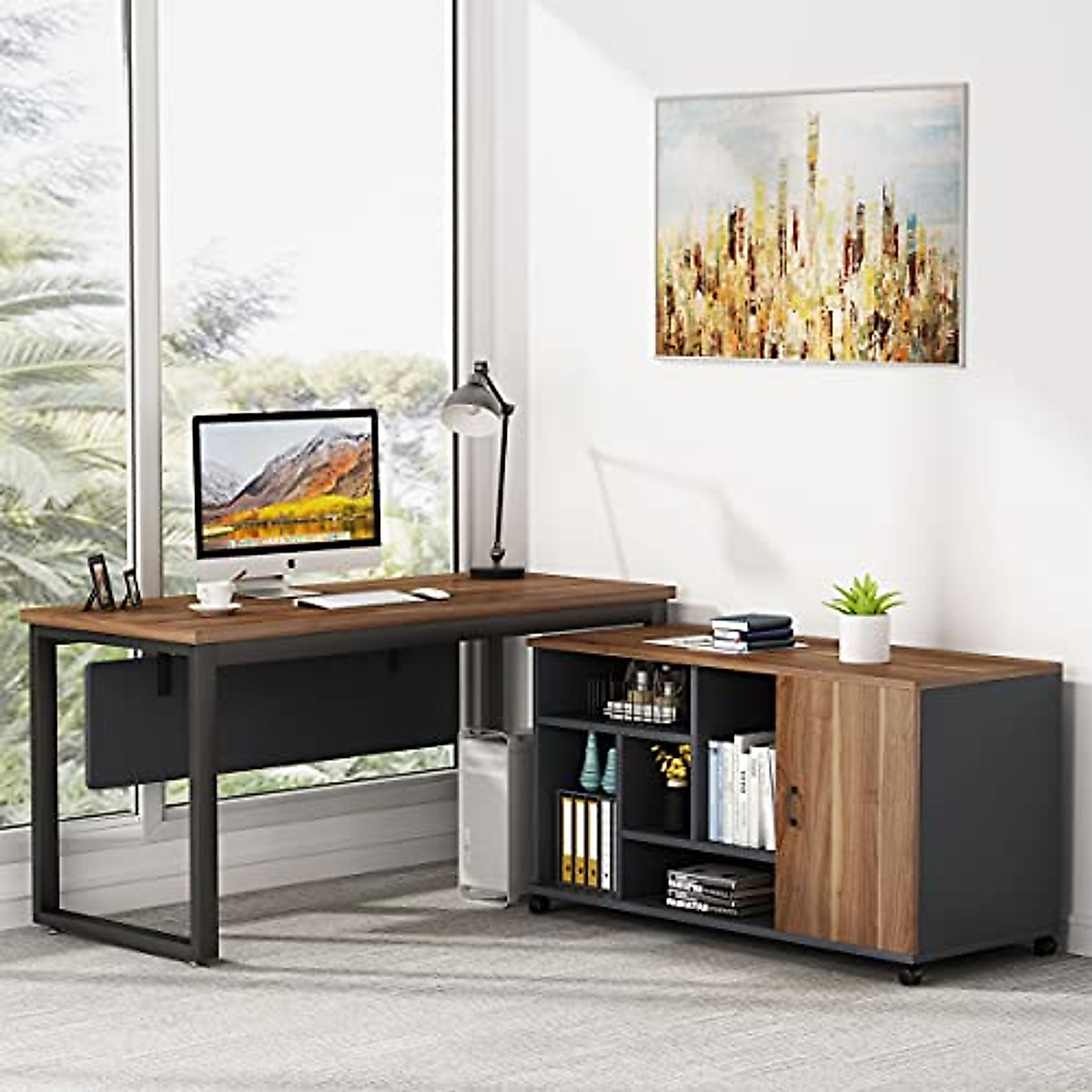 Tribesigns L Shaped Executive Desk, 55-Inch Office Computer Desk with 47 Inch Lateral File Cabinet, Rustic Business Furniture Workstation with Storage Shelves for Home Office