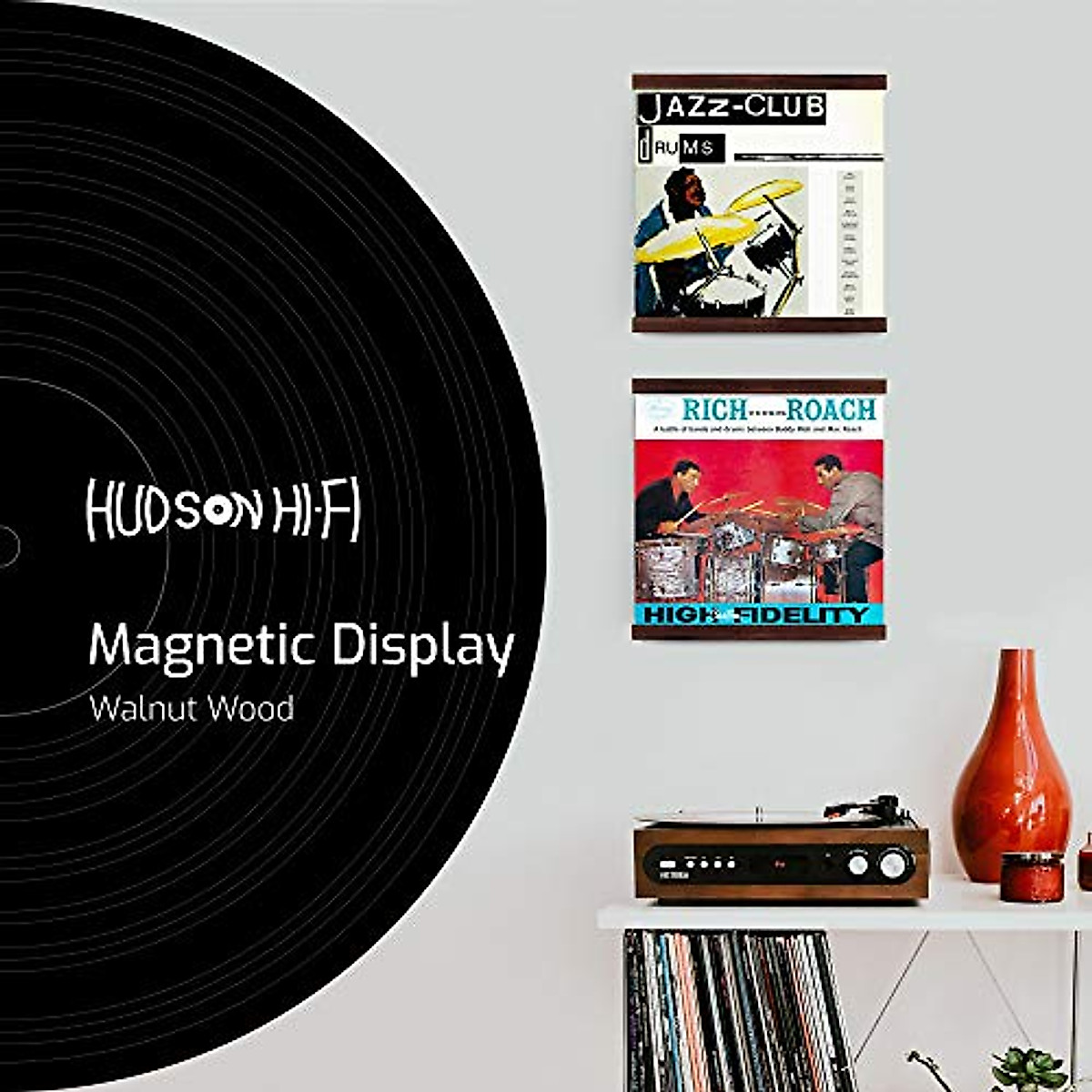 Hudson Hi-Fi Modular Vinyl Record Wall Mount Display System - 1 CT Wooden Shelves for LPs, Walnut Shelves for Wall w/ Snap - Display Shelf for Collectibles - Vinyl Records Decor & Record Holder