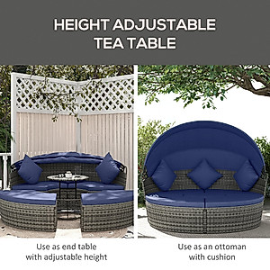 Outsunny 4 Piece Round Rattan Daybed, Convertible Patio Furniture Set, Adjustable Sun Canopy, Sectional Outdoor Sofa, 2 Chairs, Extending Tea Table Ottoman Chair, 3 Pillows, Dark Blue