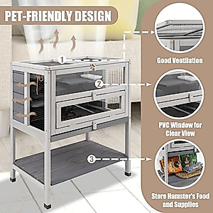 PetsCosset Large Hamster Cages, Wooden Hamster Cages and Habitat with Food Bowl, Shelf and Ladder, Openable Top, Indoor Guinea Pig Cage with Deep Not Leakage Pull Out Tray (23.6" L X 15.7" W X 31.5”H)