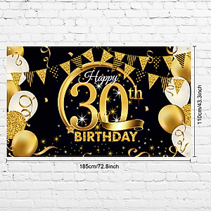 Birthday Party Decoration Extra Large Fabric Black Gold Sign Poster for Anniversary Photo Booth Backdrop Background Banner, Birthday Party Supplies, 72.8 x 43.3 Inch (30th)