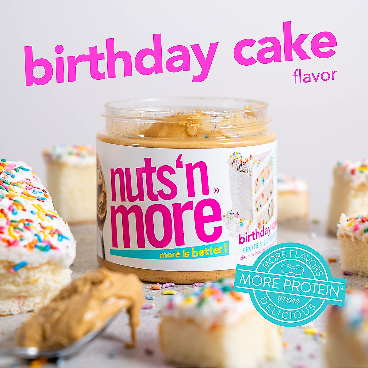 Nuts ‘N More Birthday Cake Peanut Butter Spread, Added Protein All Natural Snack, Low Carb, Low Sugar, Gluten Free, Non-GMO, High Protein Flavored Nut Butter (15 oz Jar)