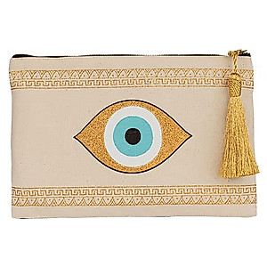 Evil Eye Canvas Small Clutch Handmade Pouch Bag Beach Meander Zipper Gift Bag with Tassel
