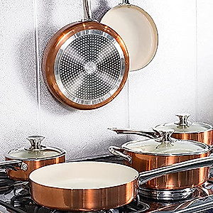 FRUITEAM 13-Piece Cookware Set Non-stick Ceramic Coating Cooking Set, Induction Pots Pans Set with Lids, Heavy Duty Stainless Steel Handles, Induction, Oven, Gas, Stovetops Compatible for Family Meals