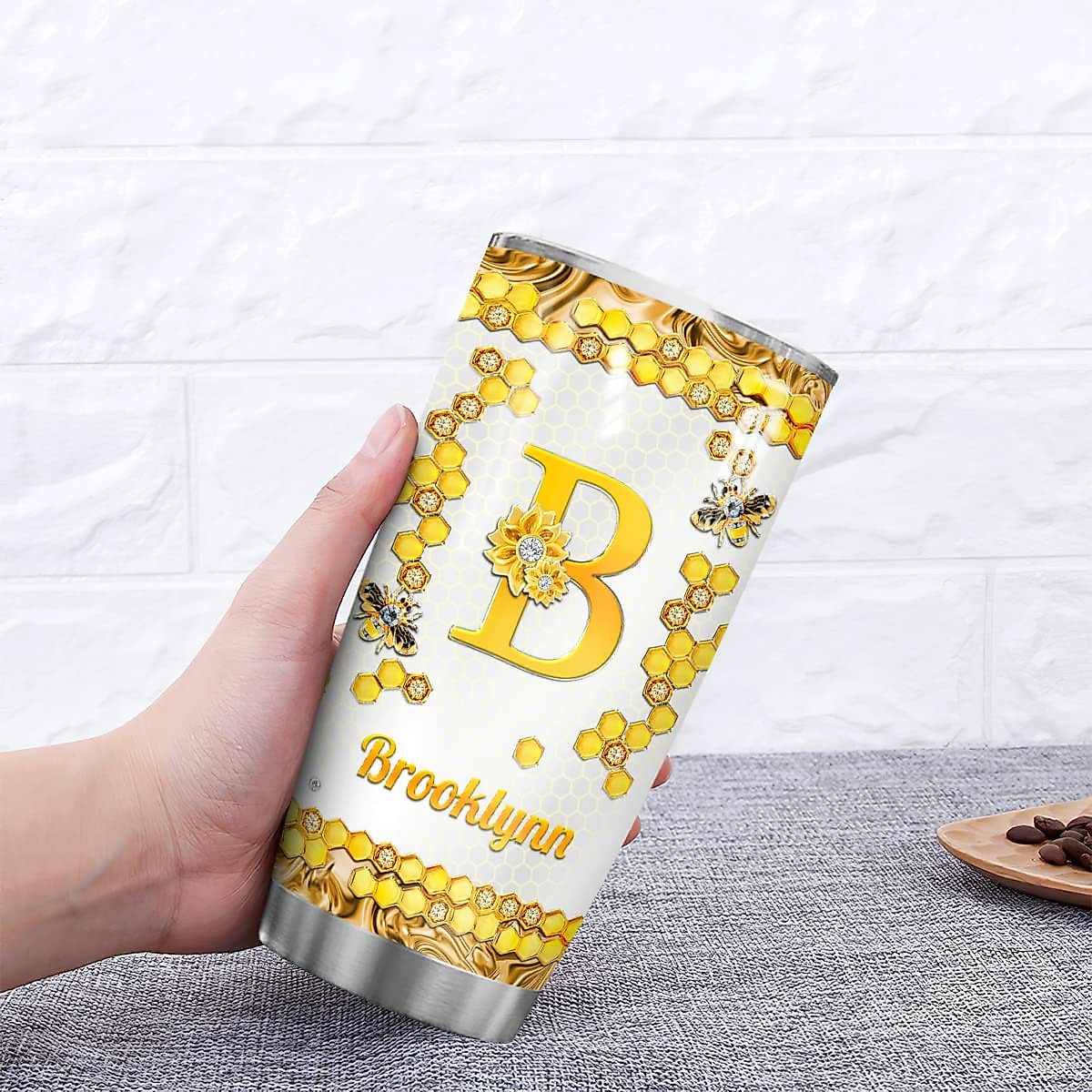 Wassmin Bee Gifts Personalized Bee Tumbler Custom Initial Monogram Name Stainless Steel Insulated Tumblers Coffee Travel Mug 20oz 30oz Birthday Christmas Cup Gifts Stuff For Women Girls Lad Queen