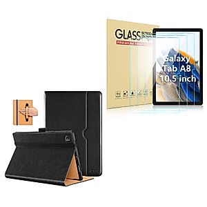 DTTO for Samsung Galaxy Tab A8 10.5 inch Case 2022, Premium Leather Business Folio Stand Cover with 3 Pack HD Tempered Glass Screen Protector for Galaxy Tab A8 10.5" [SM-X200/X205/X207], Black