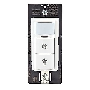 Leviton Decora in-Wall Combination Occupancy Sensor with Fan Switch, 1/4 HP, Residential Grade, Single Pole, White, DOD05-1LW