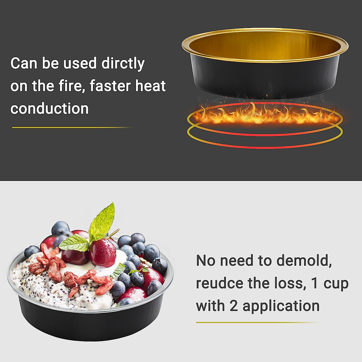 Beasea Aluminum Cupcake Pans With Lids, 4 Inch 50 Pack Disposable Pie Pans For Cake, 8 Oz Aluminum Pie Pan Tin Black Golden Tart Pans Round Oven Baking Mini Cake Pan For Pie Tart Quiche