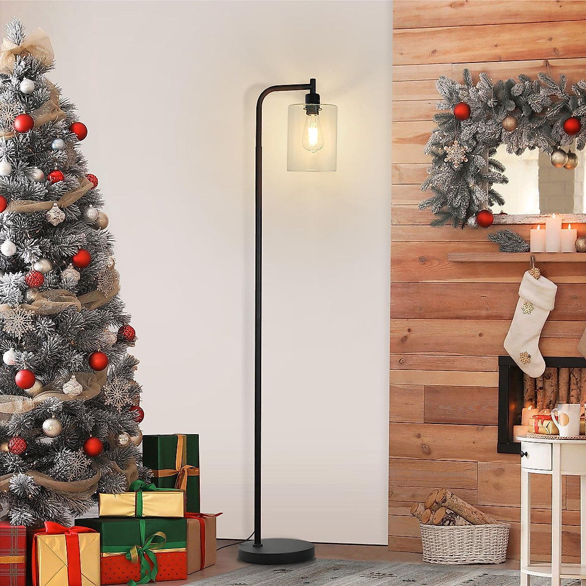 MAXvolador Industrial Floor Lamp, Modern Standing Lamps with Hanging Clear Glass Shade, Classic Reading Tall Pole Light for Living Room Bedroom Office Study Room Farmhouse, Black