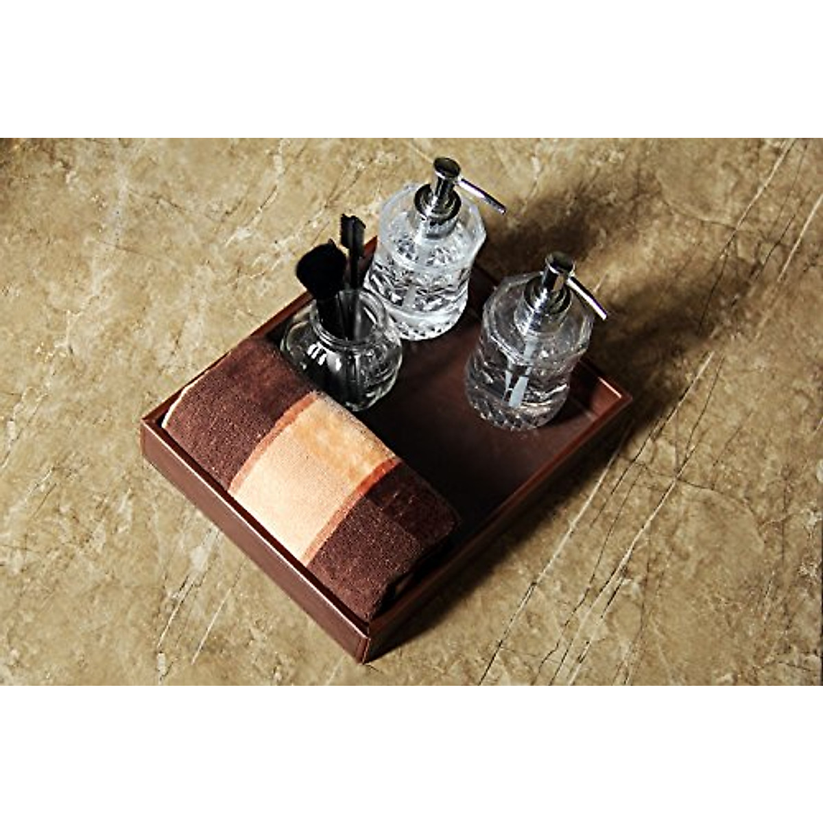 HofferRuffer Decorative Vanity Tray, Desktop Storage Organizer, Catchall Tray, Valet Tray, Nightstand or Dresser Organizer, PU Faux Leather Bathroom Tray, Brown, 10.2 x 8.4 x 1.8 inches