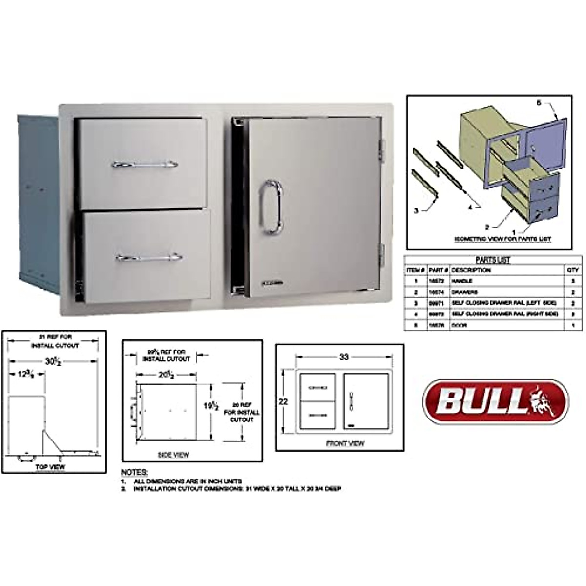 BULL GRILLS The Angus 30" Grill Natural Gas with Single Side Burner, Stainless Steel Sink,Grill Cover, Refrigerator, Door & Drawer Combo with 5 in 1 BBQ Tool Set | FREE Bio-Ethanol Table-top Fire pit