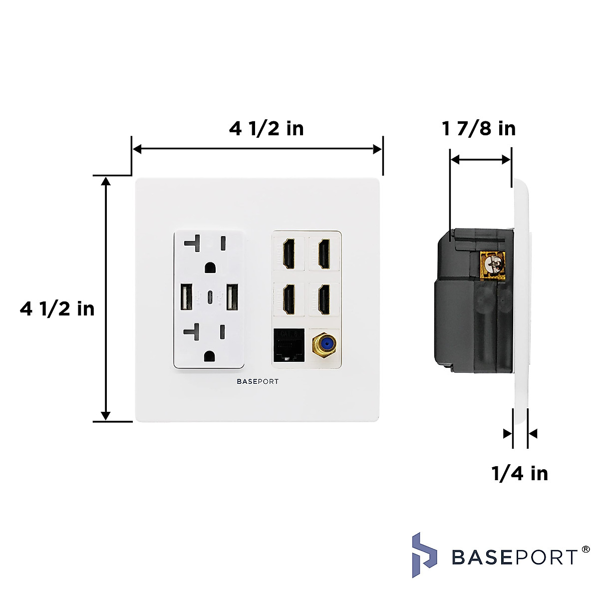 BASEPORT Premium Media Outlet Wall Plate - 6.3A USB Wall Outlet 2 USB A 2.0 + 1 USB C 3.0, 20A Dual Power Outlet, 4 HDMI Keystone Jack, Coaxial + Cat6 Rj45 Ethernet Outlet - White Dual Gang Face Plate