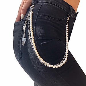 Wiwpar Punk Trouser Chain Pocket Chain Pearl Butterfly Jean Pants Belt Chains Waist Belly Body Chain Silver for Women and Girls
