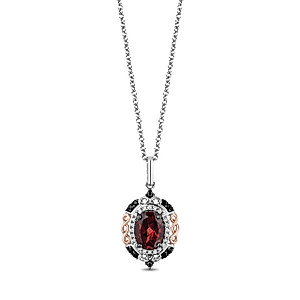 Jewelili Enchanted Disney Fine Jewelry Sterling Silver and 10K Rose Gold 8x6 MM Oval Shape Red Garnet with 1/5 Cttw Black and White Natural Round Diamonds Evil Queen Pendant Necklace 18" Cable Chain