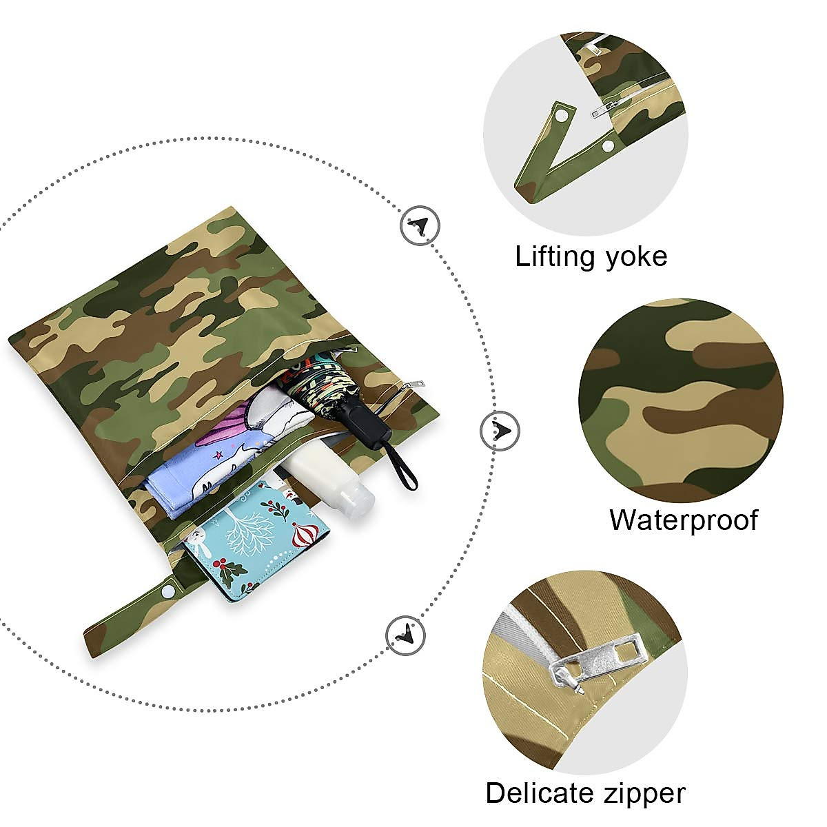 Baofu Camo Pattern Wet Dry Bags Sets Waterproof Reusable Travel Beach Baby Cloth Diaper Wet Dry Bags Organizer with Two Zippered Pockets for Swimsuit and Gym,2Pack