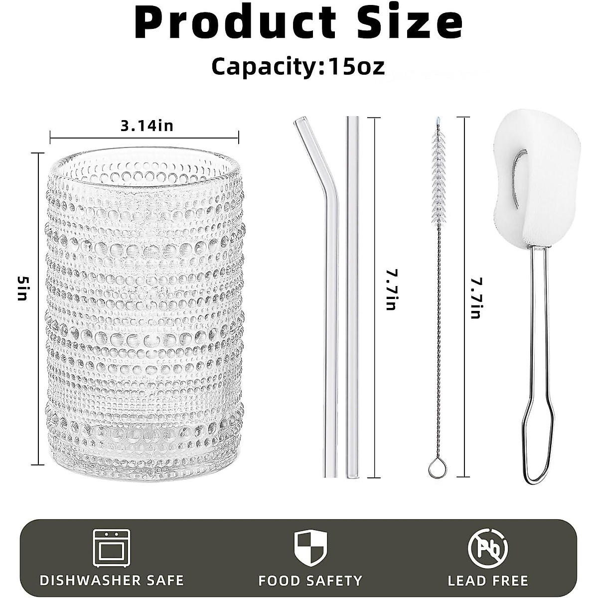 15 oz Clear Hobnail Drinking Glasses with Straws Set of 6, Vintage Glassware Old Fashioned Beverage Glasses, Cocktail Drinking Glassware Set, Kitchen Water Glasses Cup, for Beer, Smoothie, Juice