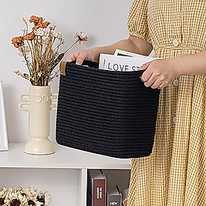 Goodpick Magazine File Holder Small Storage Baskets for Organizing Woven Rope Basket for Newspaper, Books, Towels, Desk Closet Organizer and Storage Bin for Office Decorative Black Basket for Shelves