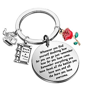 Lywjyb Birdgot Movie Inspired Gift Belle Rose Charm Keychain Fairytale Jewelry Motivational Gift (beauty and beast key)