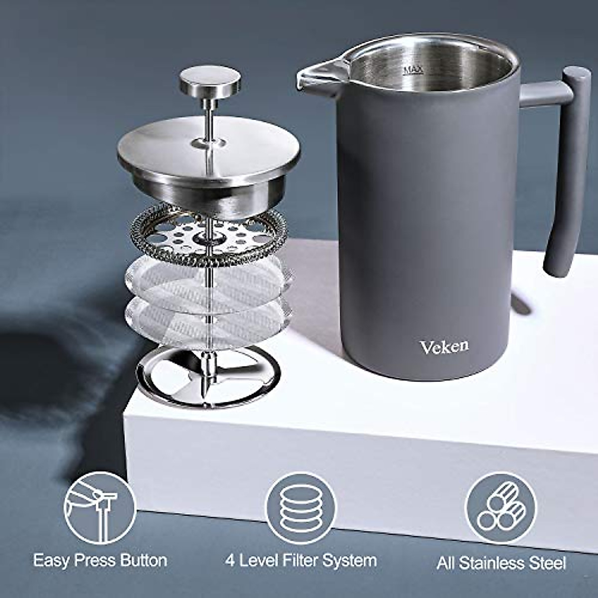 Veken 【Look for a New French Press French Press Coffee Tea Maker 34oz, 304 Stainless Steel Insulated Coffee Press with 4 Filter Screens Milk Frother, Rust-Free, Dishwasher Safe, Grey