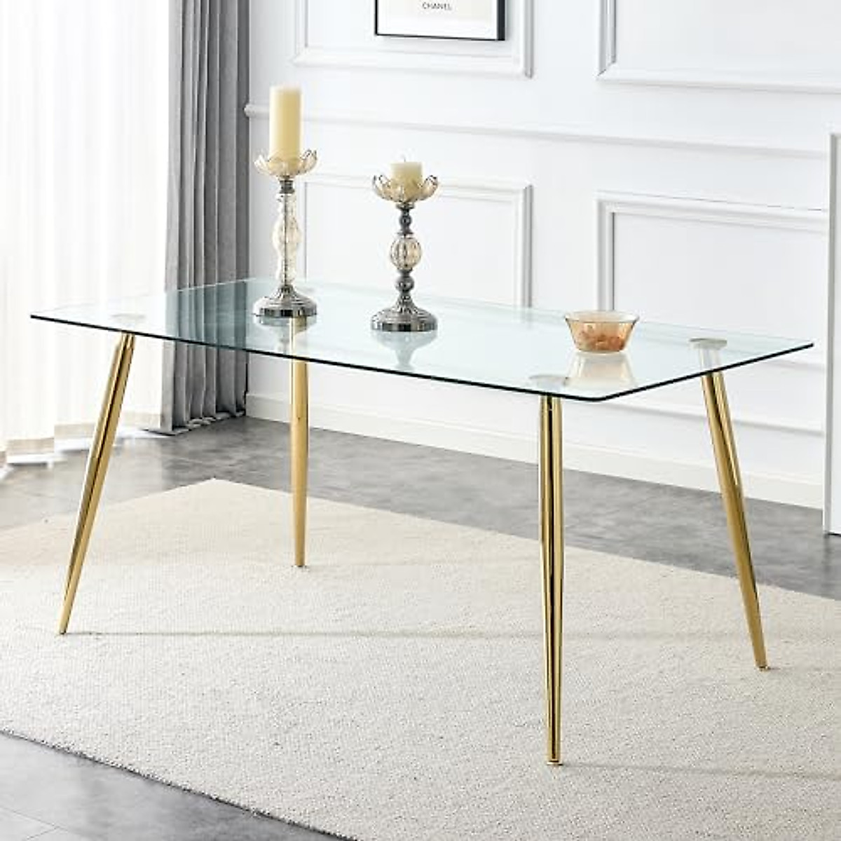 VENBER Rectangle Glass Dining Table with Gold Legs, 63" Modern Transparent Tempered Glass Desktop,End Tables Center Table for Living Room,Dining Room, Tea (Gold)
