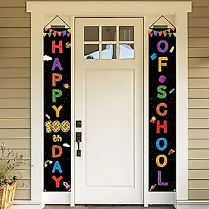 DARUNAXY Happy 100 Days of School Porch Sign, 100th Day of School Front Door Party Decorations for Kindergarten Preschool Primary School Student Hooray 100th Day Porch Banner Party Supplies Outdoor