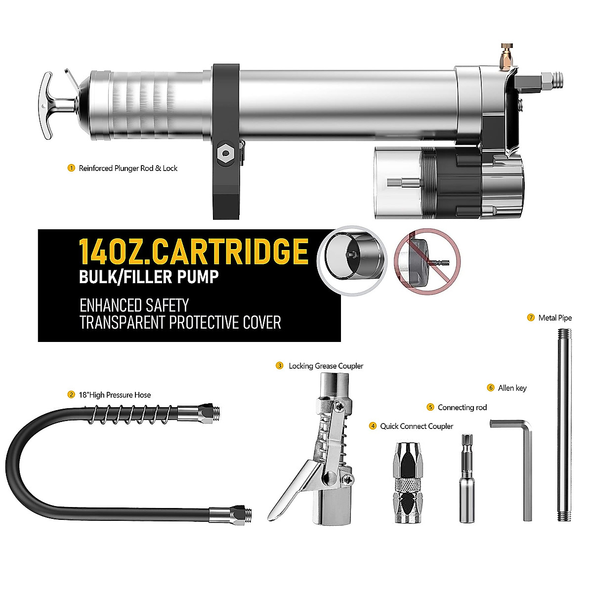 ATIVERE Electric Grease Gun Drill Adapter with 14 OZ Load, Locking Grease Gun Coupler, 12 Inch High Pressure Hose, Extension Rigid Pipe, Pneumatic Tool, Universal Conversion Gun Head
