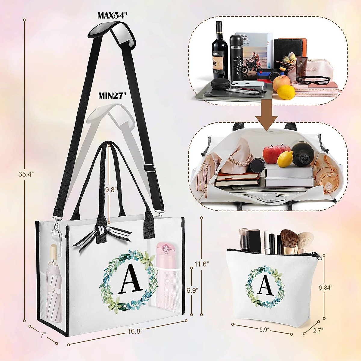 Personalized Customized 50th Friend Teacher Mrs Birthday Christmas Gifts, Can-vas Tote Bag for Women Floral Ini-tial Beach Bags w Cosmetic Bag Inner Pocket 2 Side Pocket Shoulder Strap Card Gift Box C