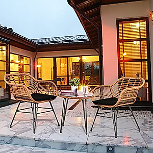 Leasbar 3 Piece Patio Conversation Bistro Set Porch Furniture Rattan Wicker Chairs，Outdoor Modern Garden Furniture Set for Porch Backyard Pool