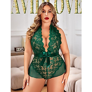 Avidlove Plus Size Lingerie for Women Halter Lace Bodysuit One Piece Babydoll Dark Green 16 Plus