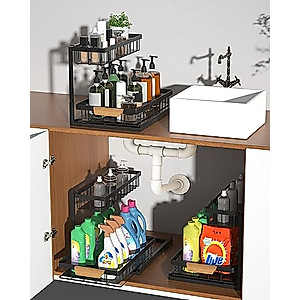 Zyerch 2 Pack Under Sink Organizer,Metal Pull Out Kitchen Cabinet Organizer with Sliding Drawer,Sturdy Multi-Functional for Bathroom Organization,Black