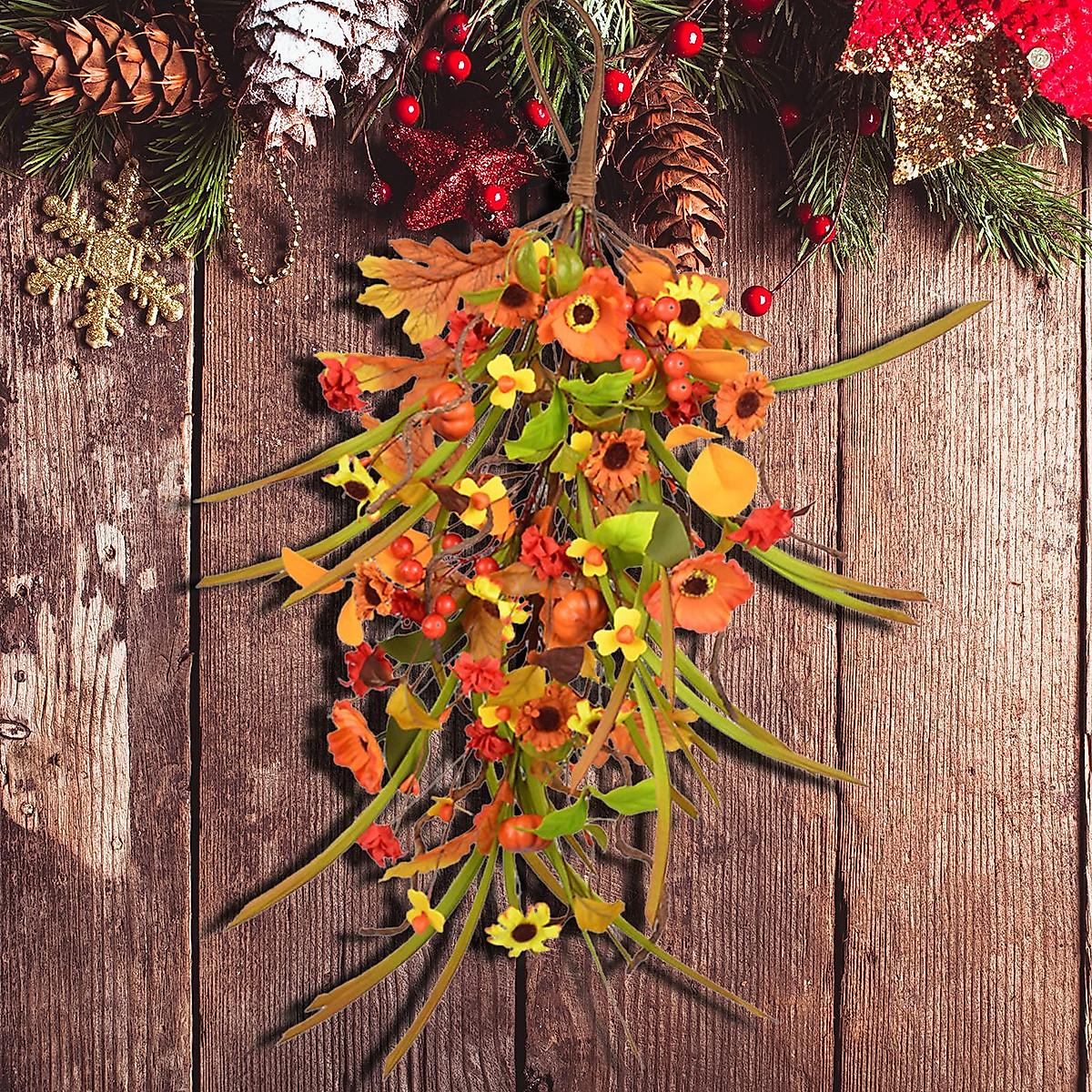 FXforer 25Inch Artificial Sunflower Pumpkin Fall Swag,Simulation Autumn Teardrop Floral Swag,Farmhouse Hanging Front Door Decorative Swag for Garden Home Wall Festival Decoration