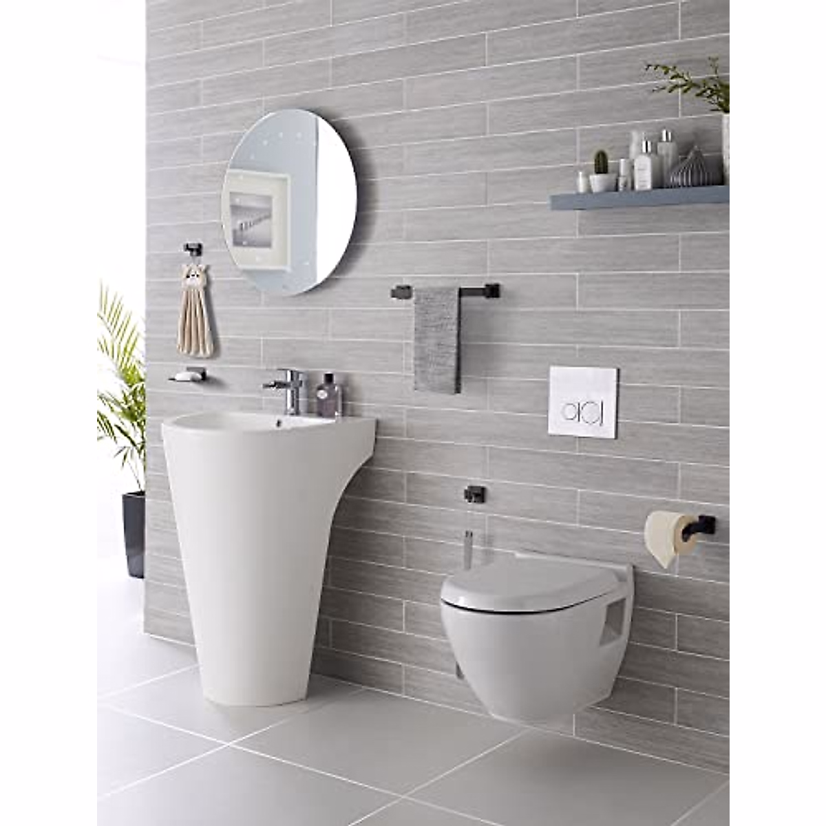 DHAEE 6 Pieces Matte Black Bathroom Accessories Set,Sturdy 304 Stainless Steel Bathroom Hardware Set,Include Wall Mounted Towel Rack/Toilet Paper Holder,Towel Rings,2 Towel Hooks,2 Soap Dish